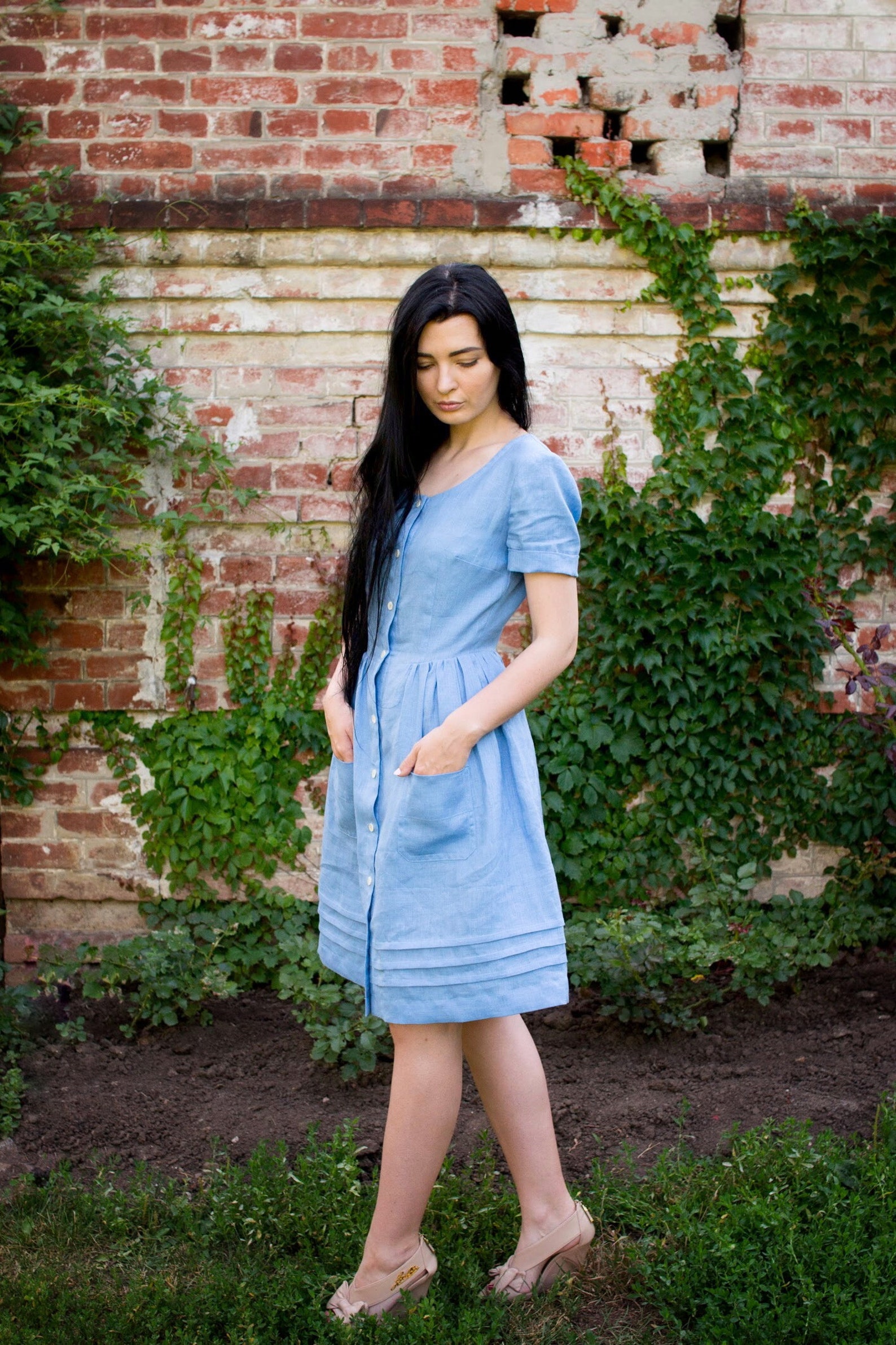 ELLA Close Fitting Linen Dress, Midi Dress With Sleeves, Ruffle Dress ...