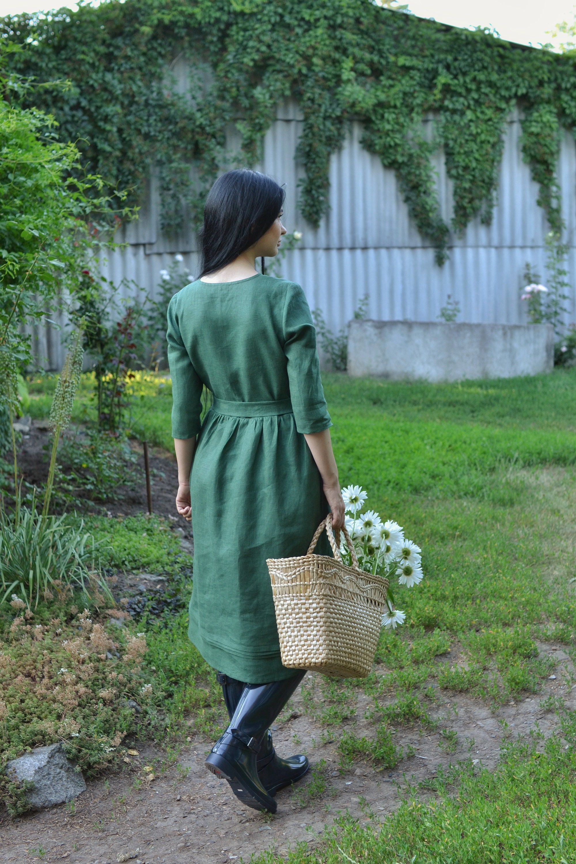 BELLA Close Fitting Linen Dress , Midi Dress, Casual Maxi Dress, Front ...