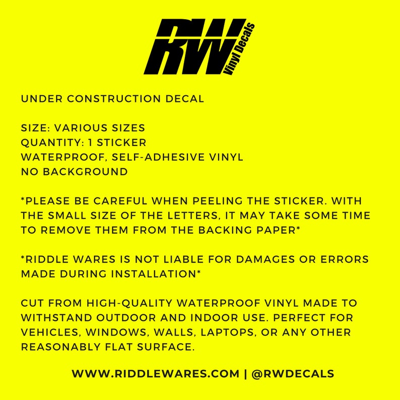 Under Construction Vinyl Bumper Sticker Decal Car Truck Window - Etsy