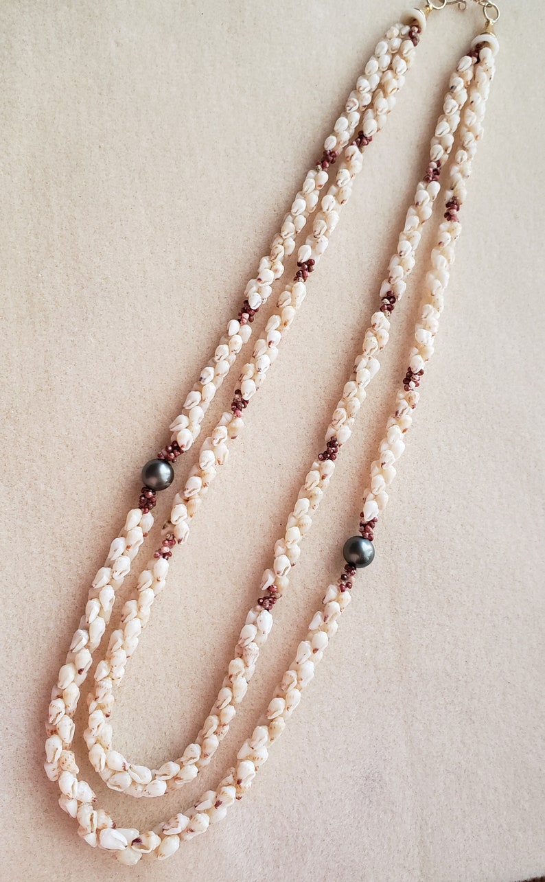 Double Strand Niihau Shell Necklace, Momi Pikake Style Lei, Hawaiian ...