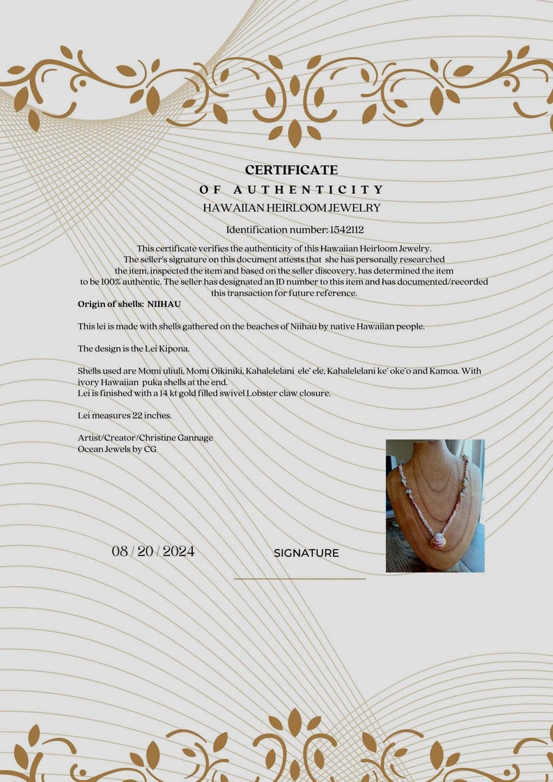 Certificate of Authenticity for Niihau Shell Jewelry - Etsy