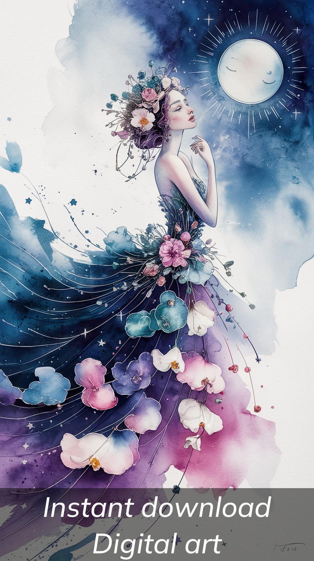 Enchanting Moonlit Maiden Instant Download Digital Art, Goddess in a Dreamy Night Sky, Ethereal ...