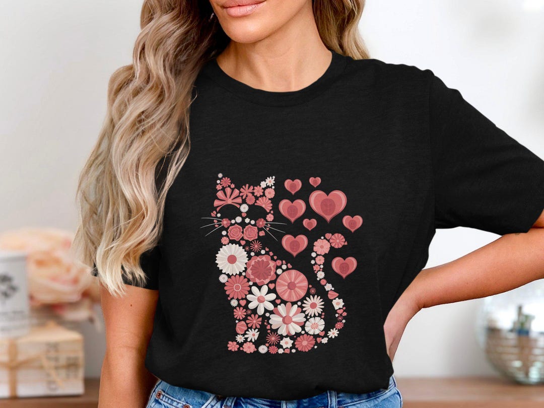 Floral Cat Digital Art PNG, Heart and Flower Cat Design, Cute Cat ...