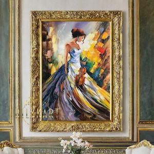 Lady With Violin Oil Painting Original Women 36x48 Canvas Wall Art Girl ...