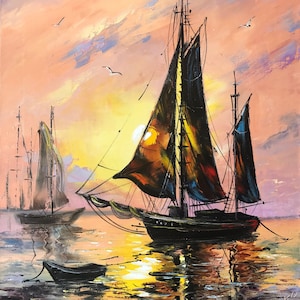 Sailboat at Sunset Oil Painting Original Seascape Sunset Painting ...