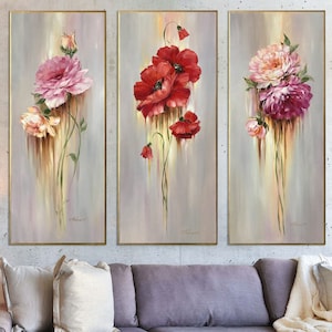 Long Vertical Painting Narrow Abstract Flowers Art Canvas Tall Wall ...
