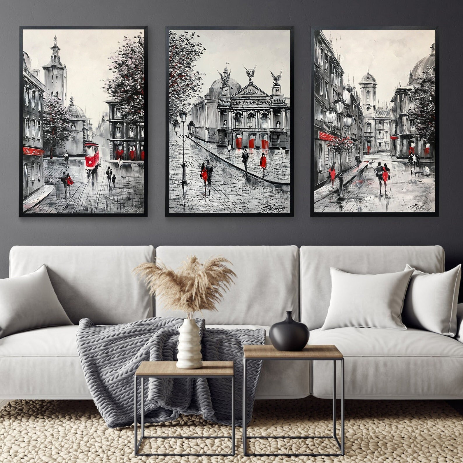 Three Piece Wall Art Black and Red Paintings on Canvas Retro Town Wall ...
