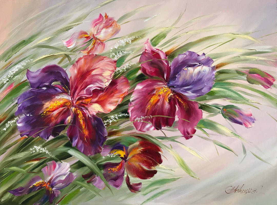 Purple Irises Original Painting, Iris Flower Wall Art, green Botanical ...