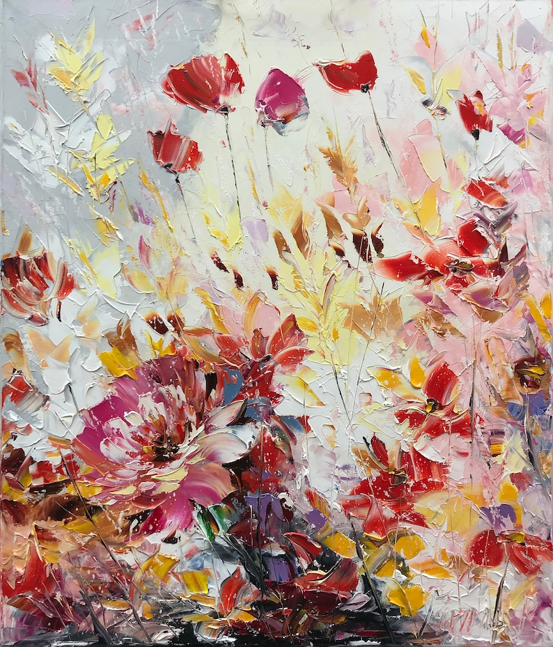 Large Abstract Flowers Oil Painting on Canvas Red Floral Wall - Etsy