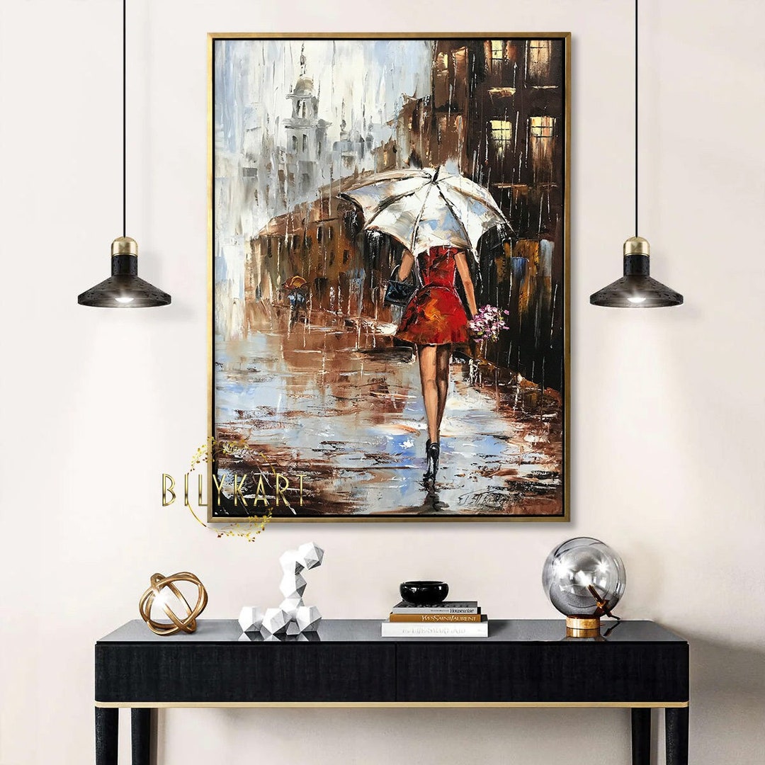 Abstract Girl With Umbrella in Rain Painting Wet City Street Oil ...