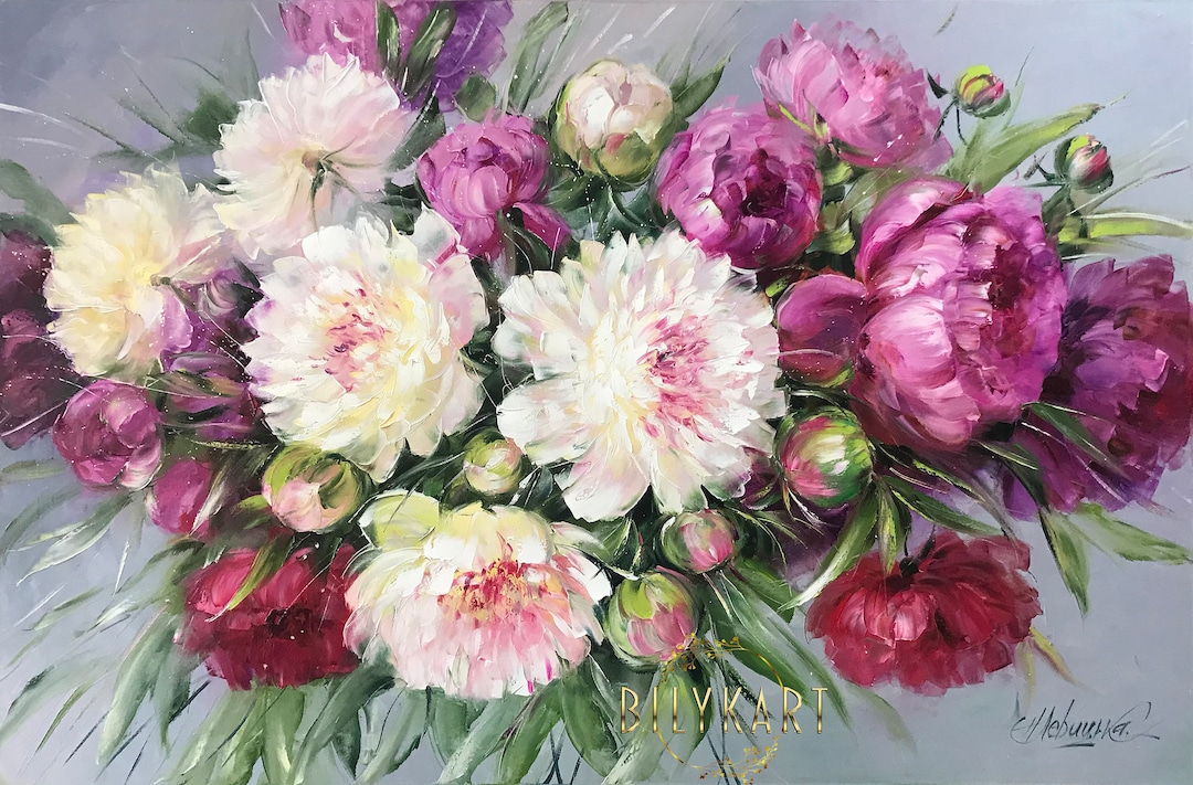 Abstract Peonies Oil Painting, Large Pink & White Peony Wall Art - Etsy