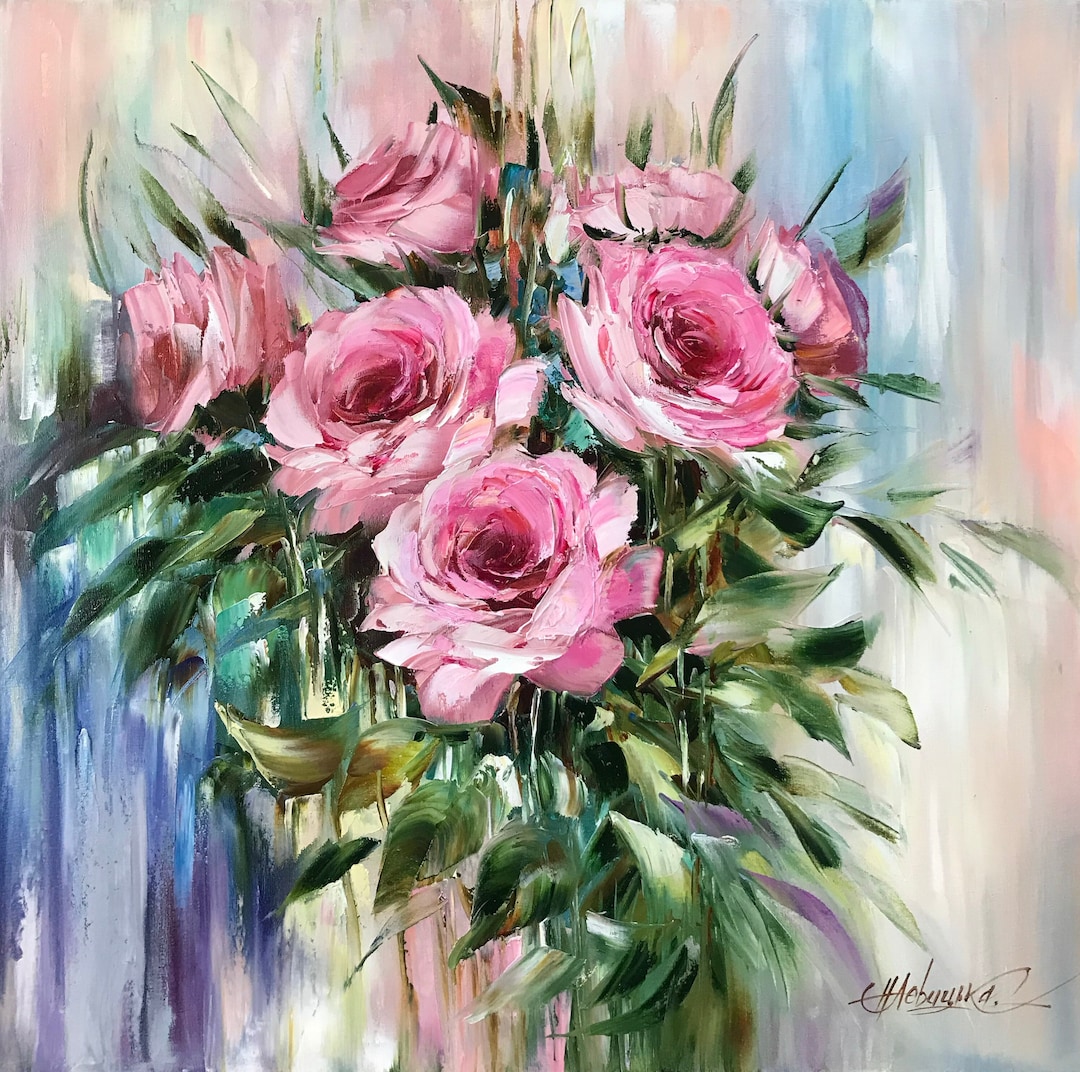 Rose Bouquet Painting Original Pink Flower Art Gallery Wall Art Pink ...