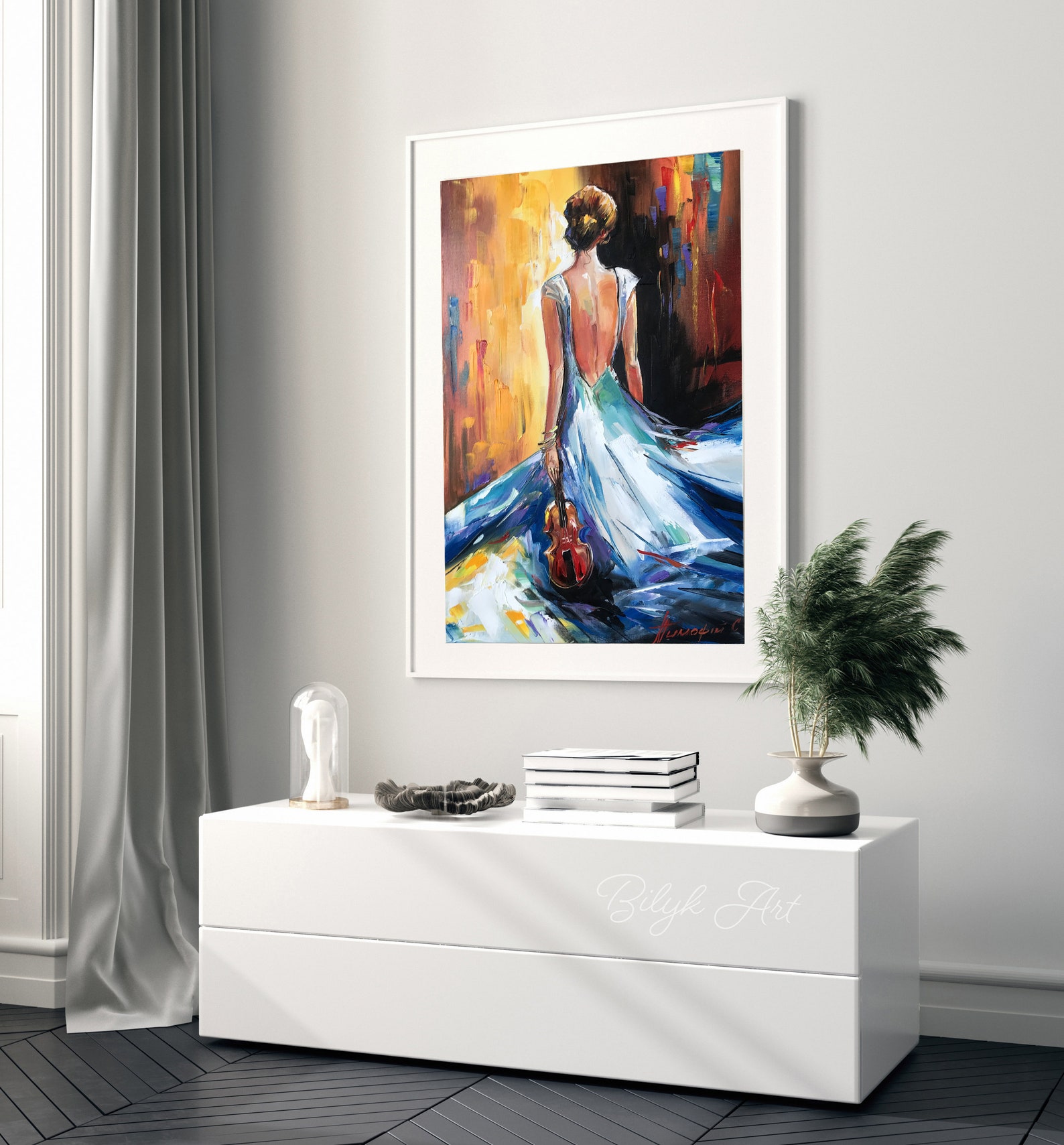 Elegant Woman Back Painting Silhouette Art With Background Violinist ...