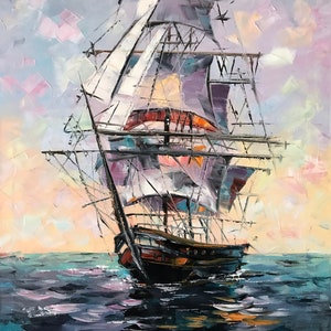 Abstract Sailboat Painting Original Boat Art Ship Oil Painting Framed ...