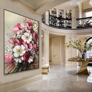 Large Flower Painting on Canvas Abstract Floral Art Red White Blooming ...