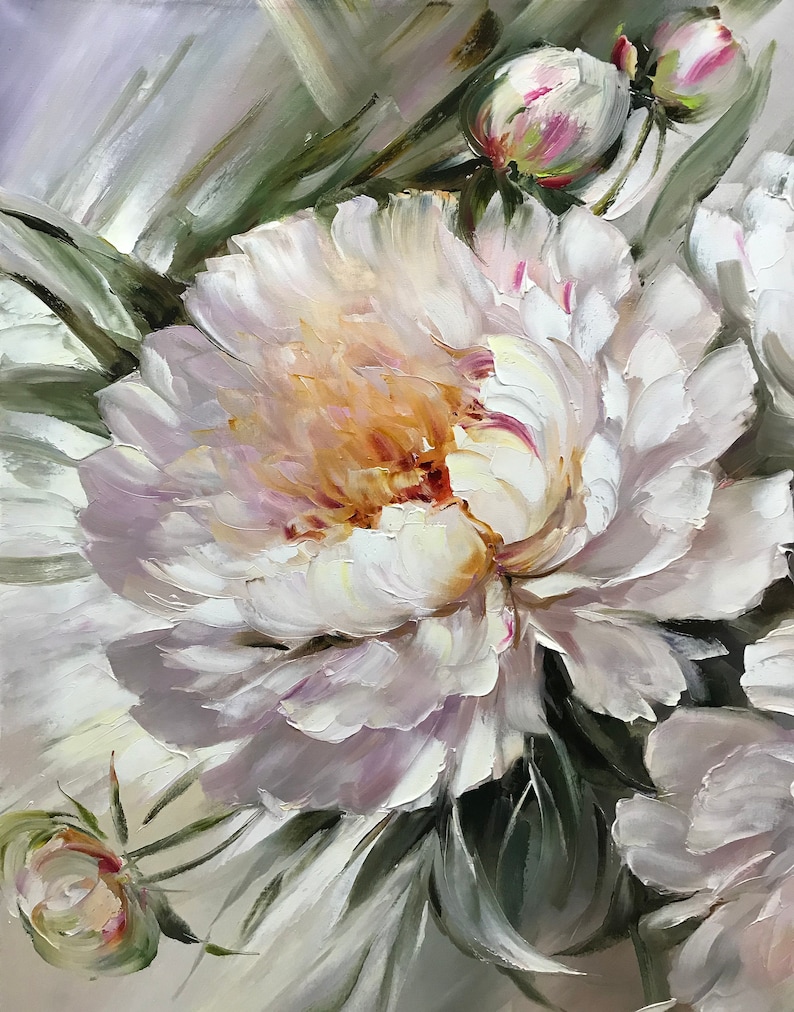 White Peony Oil Painting on Canvas: Extra Large Neutral Floral Wall Art ...