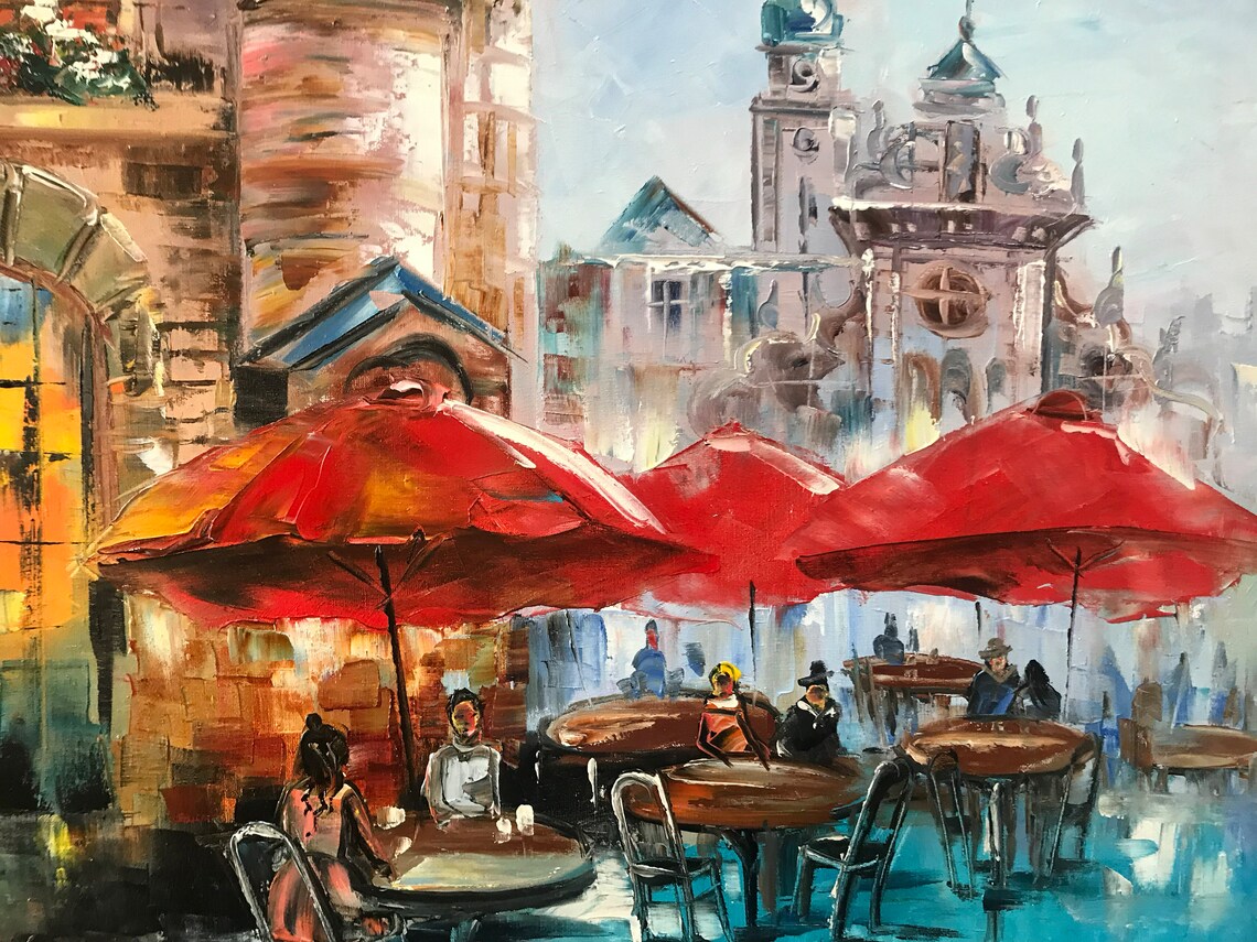 Paris Cafe Oil Painting Original French Cafe Painting on Canvas Bistro ...