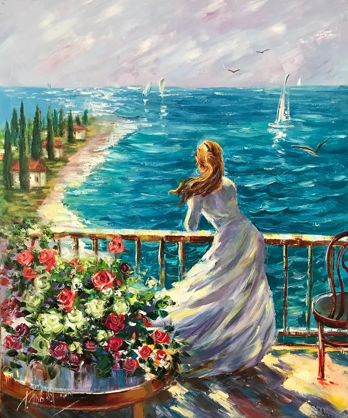 Woman by the Sea Oil Painting Dreaming Girl at Beach Art Scenery Art ...