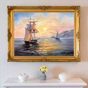 Maritime Painting on Canvas Ship at Sea Sunset Oil Painting Original ...