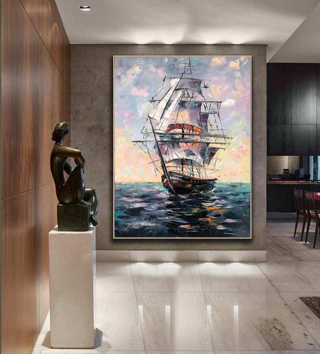 Abstract Sailboat Painting Original Boat Art Ship Oil Painting Framed ...