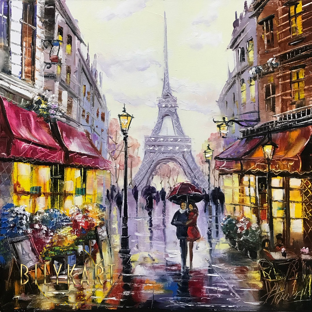 Paris Eiffel Tower Oil Painting Framed Couple Walking in Paris Painting ...