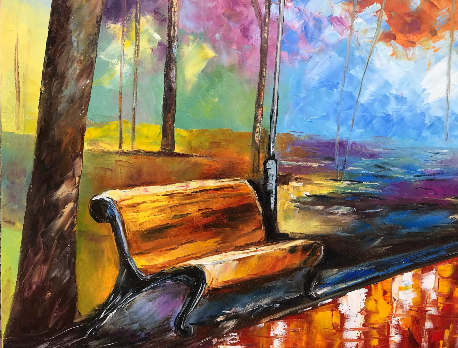 Couple Walking in Park Oil Painting Original Autumn Landscape Painting ...
