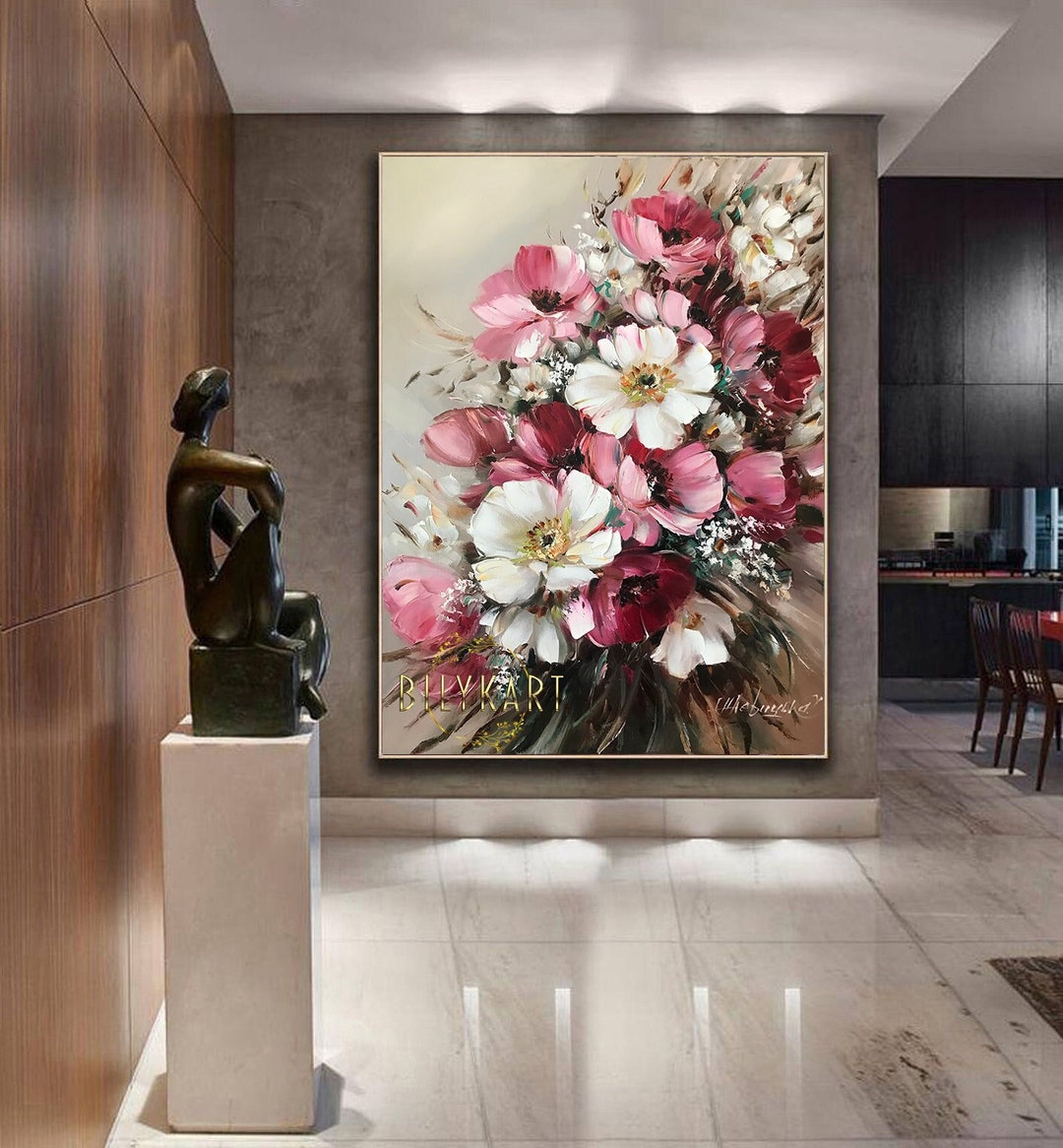 Large Flower Painting on Canvas Abstract Floral Art Red White Blooming ...