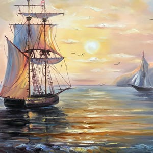 Maritime Painting on Canvas Ship at Sea Sunset Oil Painting Original ...