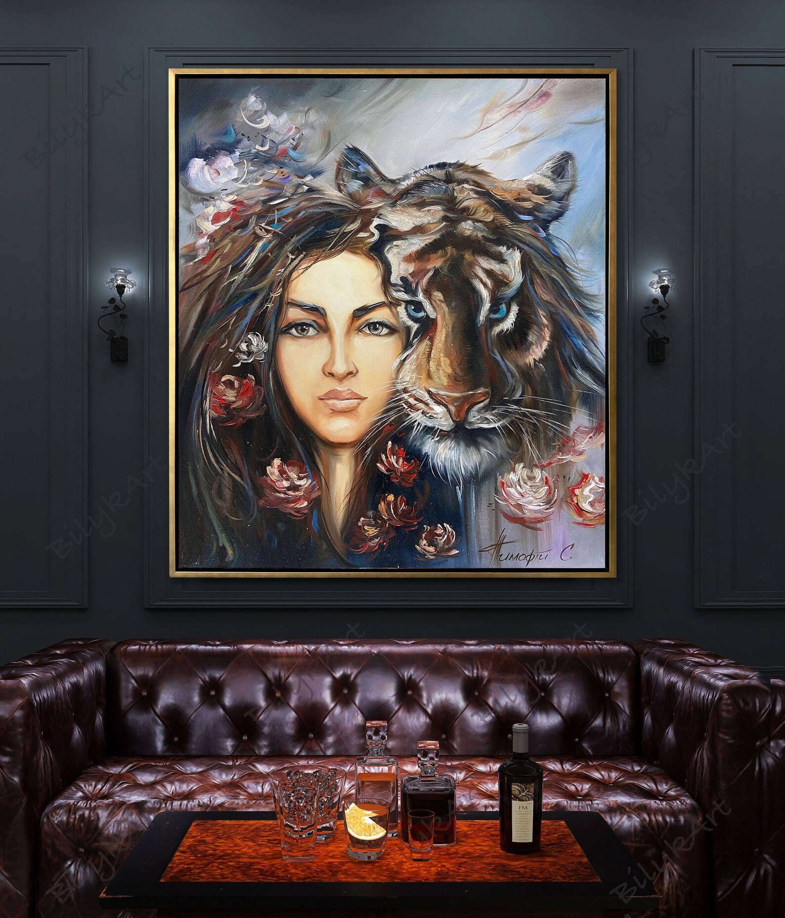 Original Woman With Tiger Oil Painting, Abstract Wild Animal Wall Art ...
