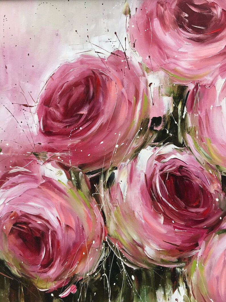 Large Oversized Roses Wall Art Pink Canvas Flowers Oil Painting Luxury ...