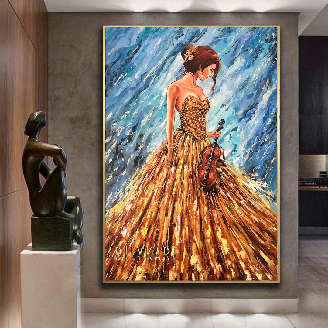 Abstract Woman in Gold Dress Oil Painting Original Girl Music Painting ...