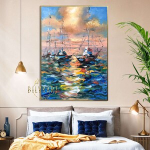 Large Boat at Sunset Oil Painting Original Colorful Seascape Paintings ...
