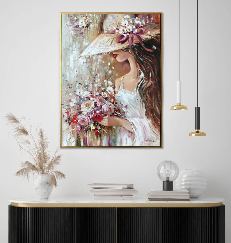 Pretty Woman With Flowers Painting Flower Girl Paintings of - Etsy