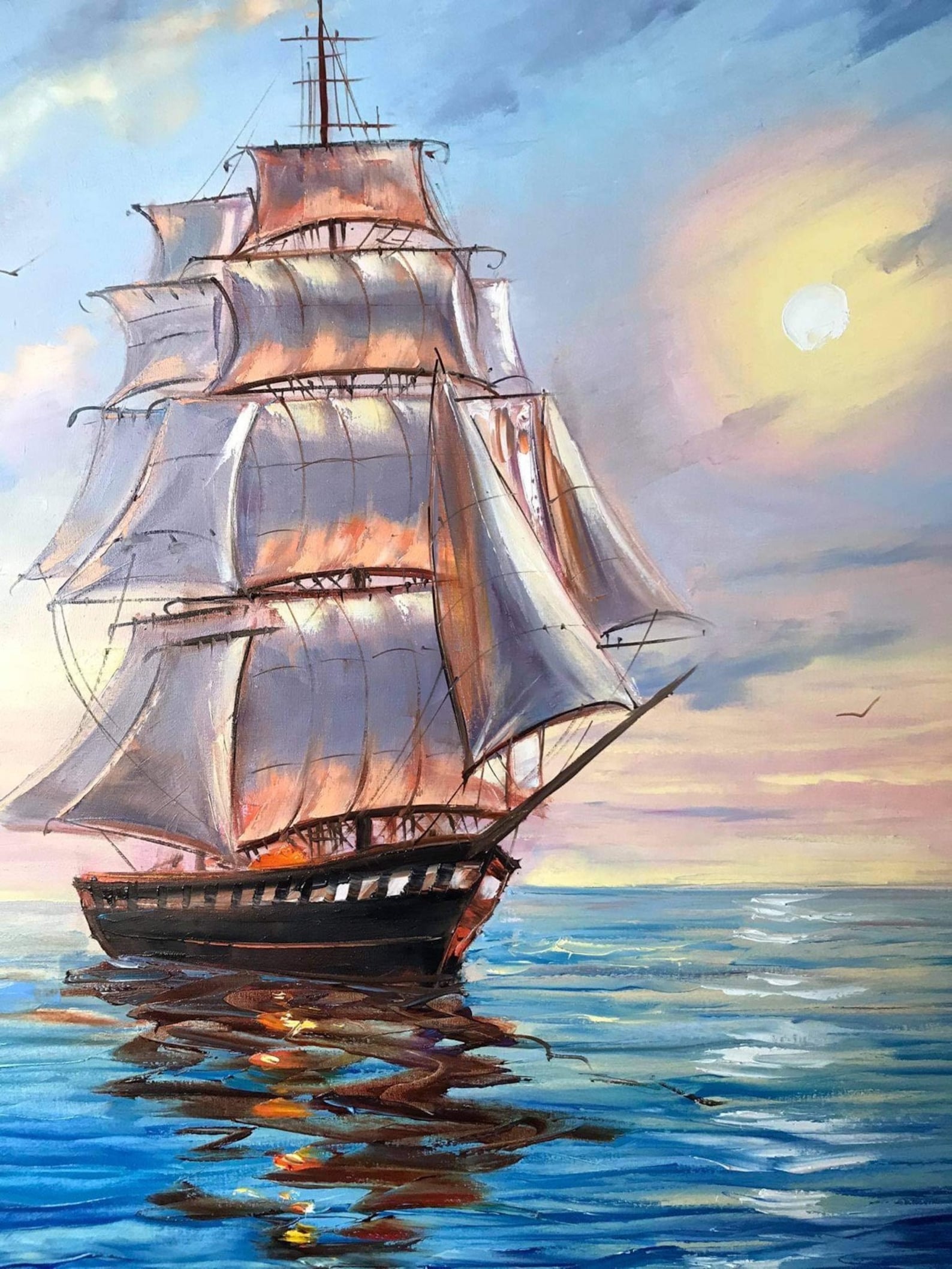 Colorful Ship at Sunset Oil Painting Ocean Waves Wall Art - Etsy