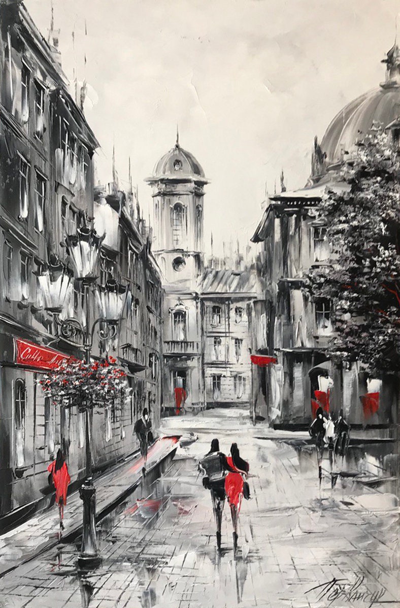 Three Piece Wall Art Black and Red Paintings on Canvas Retro Town Wall ...