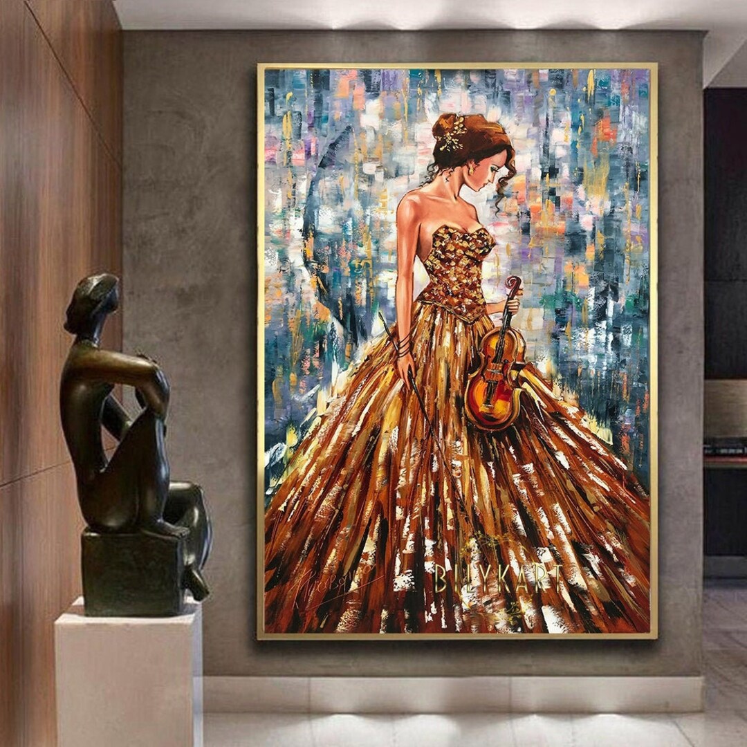Lady Painting on Canvas Girl With Violin Art Woman in Gold Dress ...