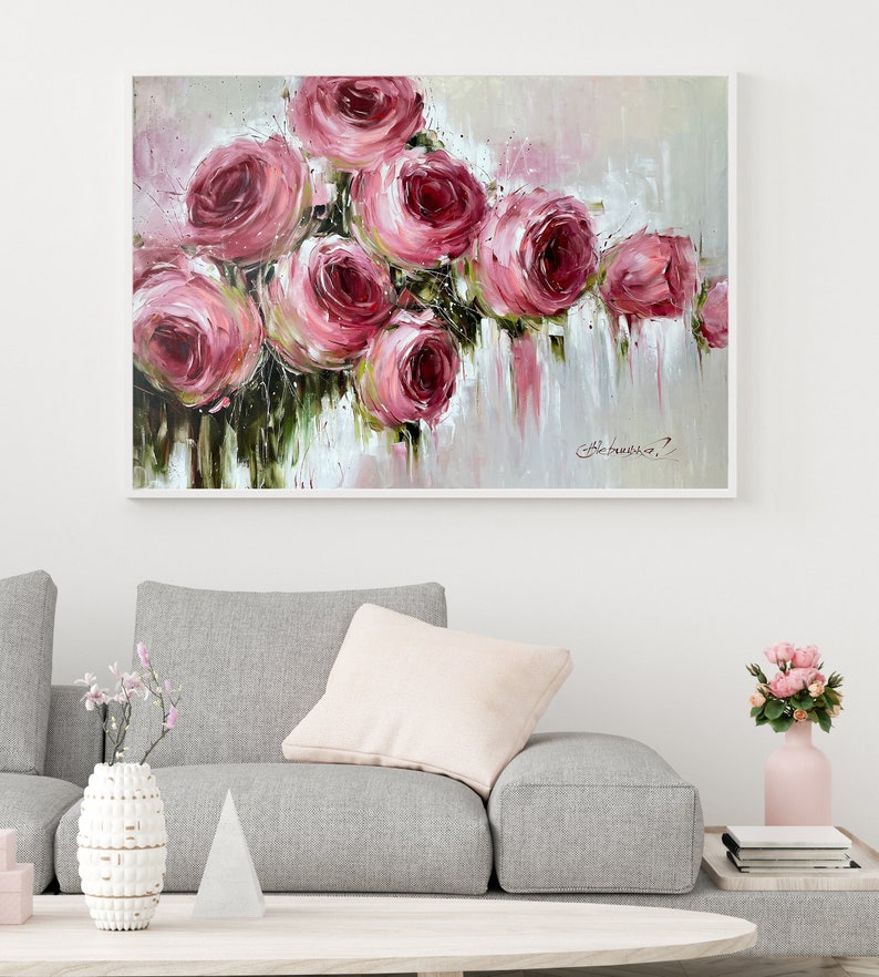 Large Oversized Roses Wall Art Pink Canvas Flowers Oil - Etsy