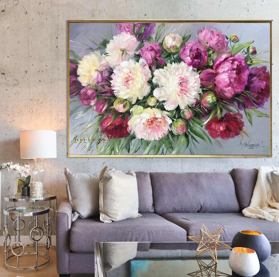 Abstract Peonies Oil Painting, White Peony Wall Art, Pink Peonies ...