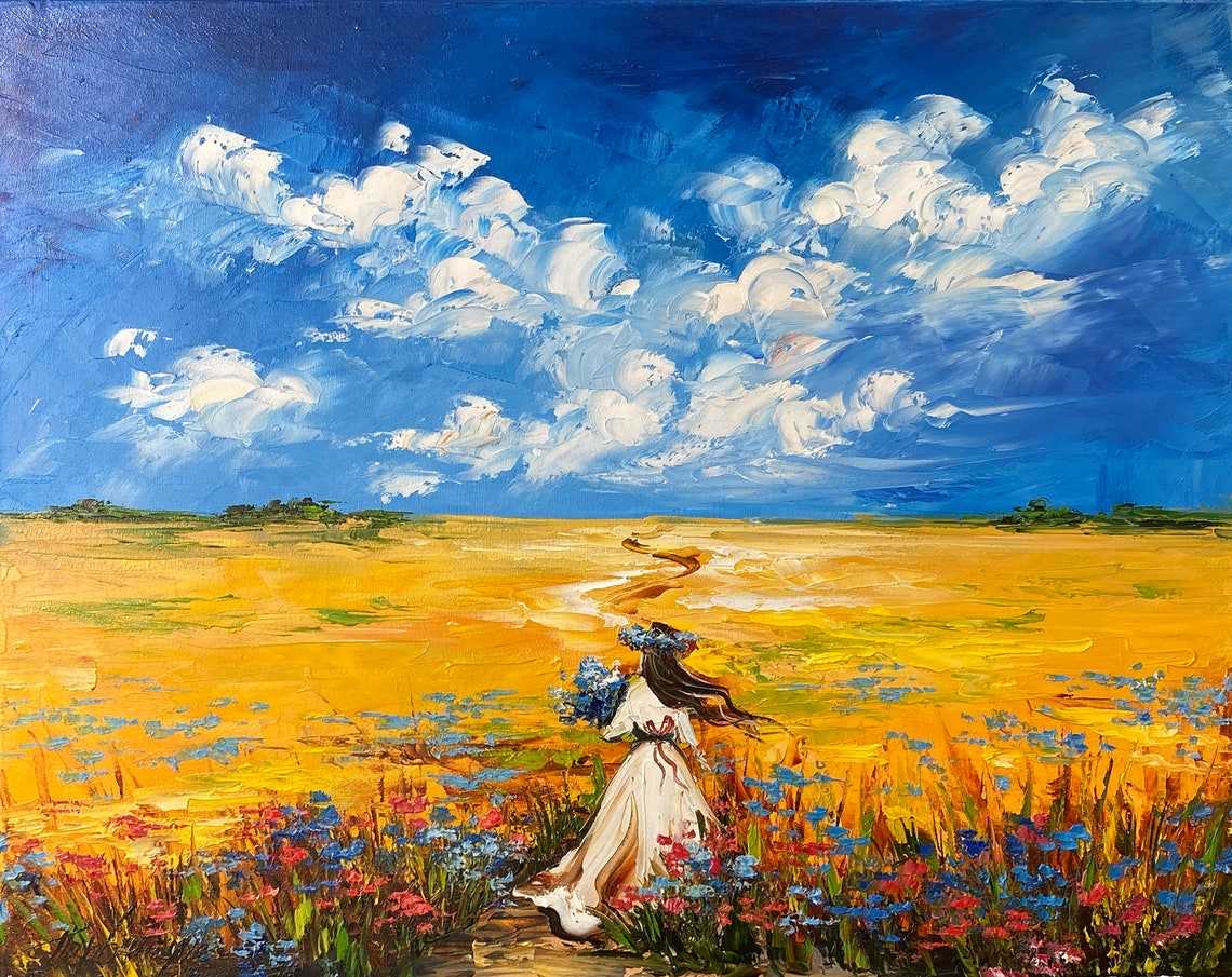 Ukrainian Landscape Oil Painting Original Girl in Flower Field - Etsy