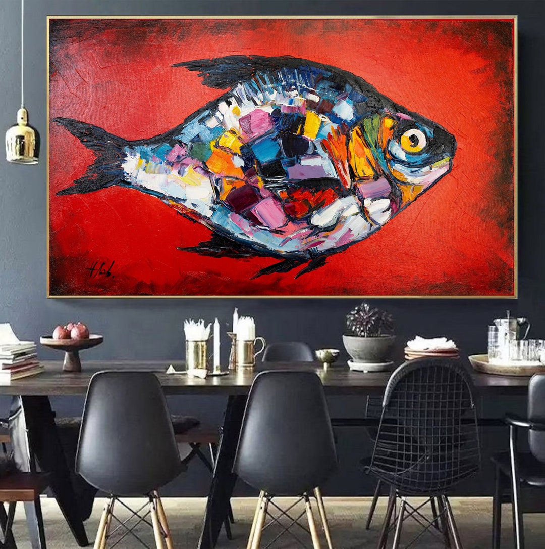 Large Abstract Fish Oil Painting Original Red Fish Wall Art Work ...