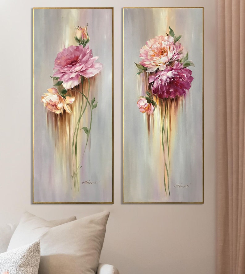 Long Narrow Wall Art Abstract Flower Oil Painting 2 Piece Wall - Etsy