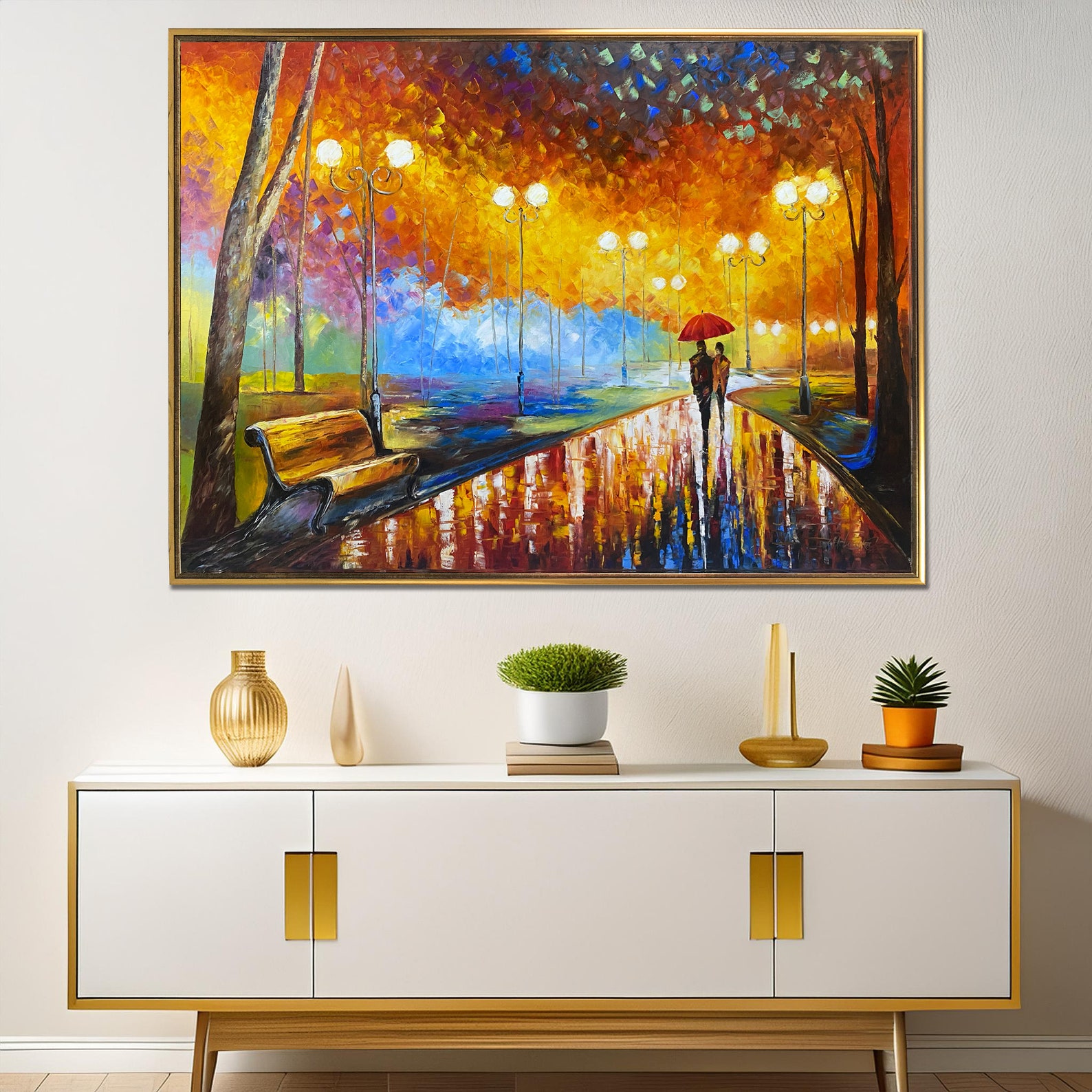 Couple Walking in Park Oil Painting Original Autumn Landscape Painting ...