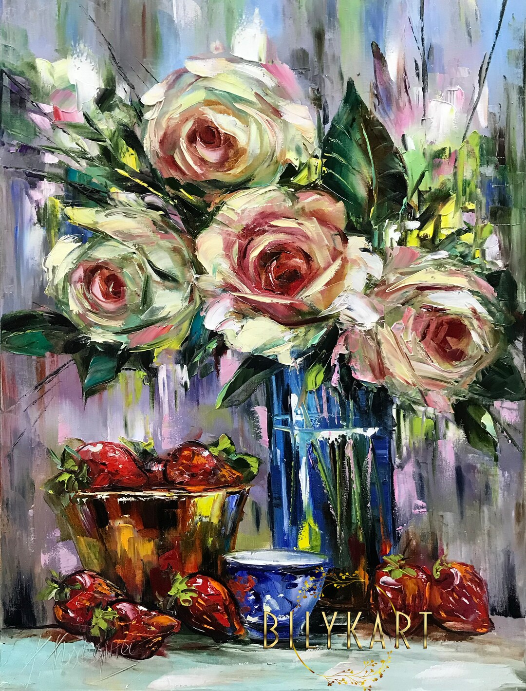 Large Rose Oil Painting Original White Roses Wall Art Floral Dining ...