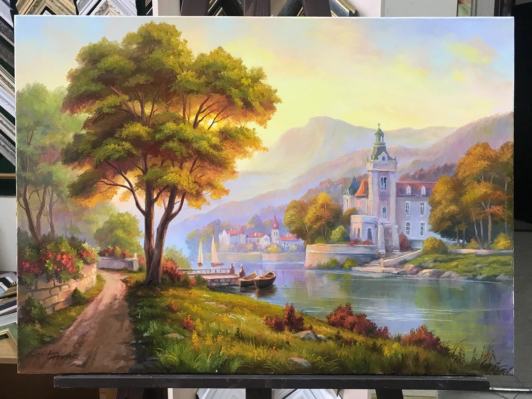 Old Castle Painting Original Autumn Lake Painting on Canvas French ...