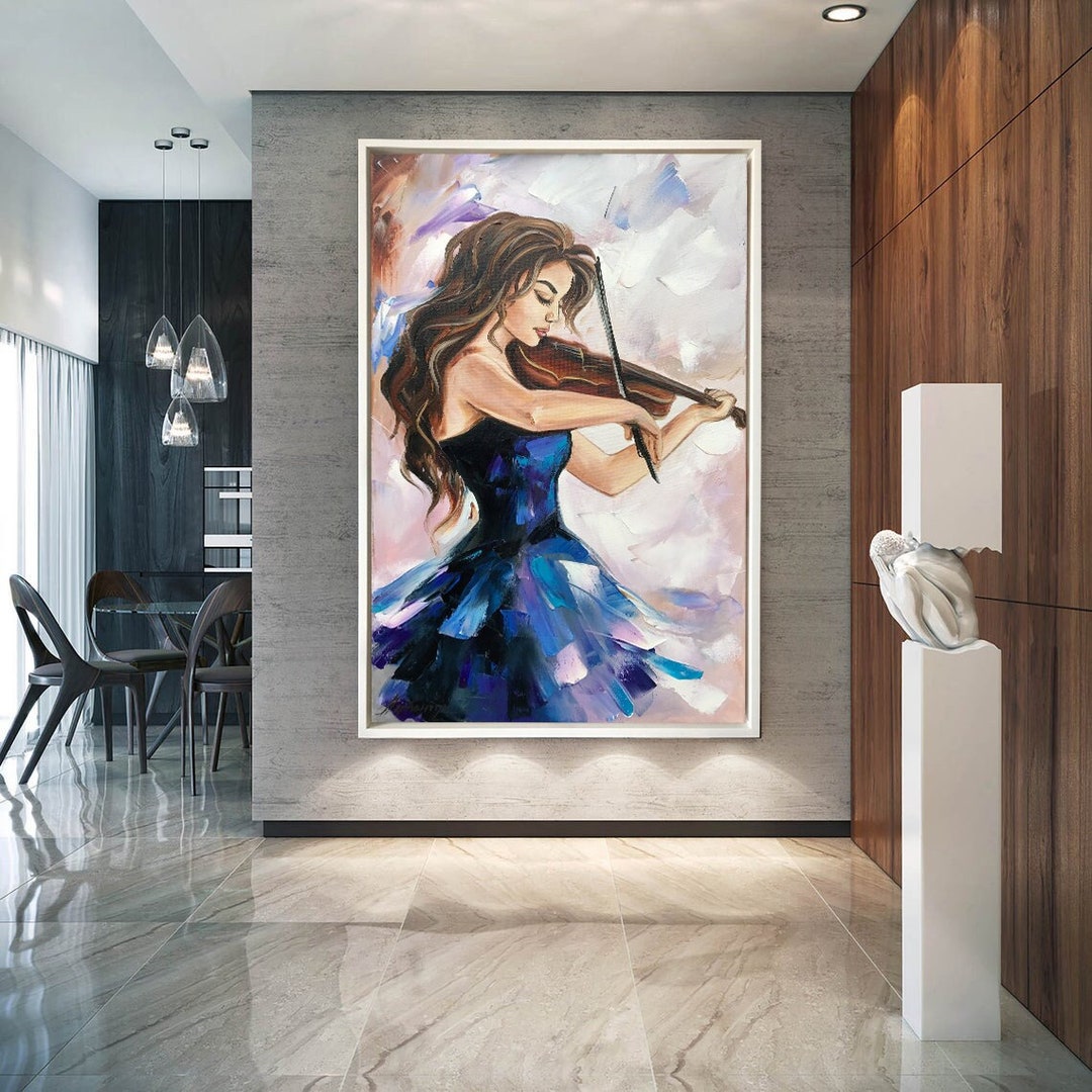 Beautiful Woman With Violin Oil Painting Abstract Girl Wall Art Young ...