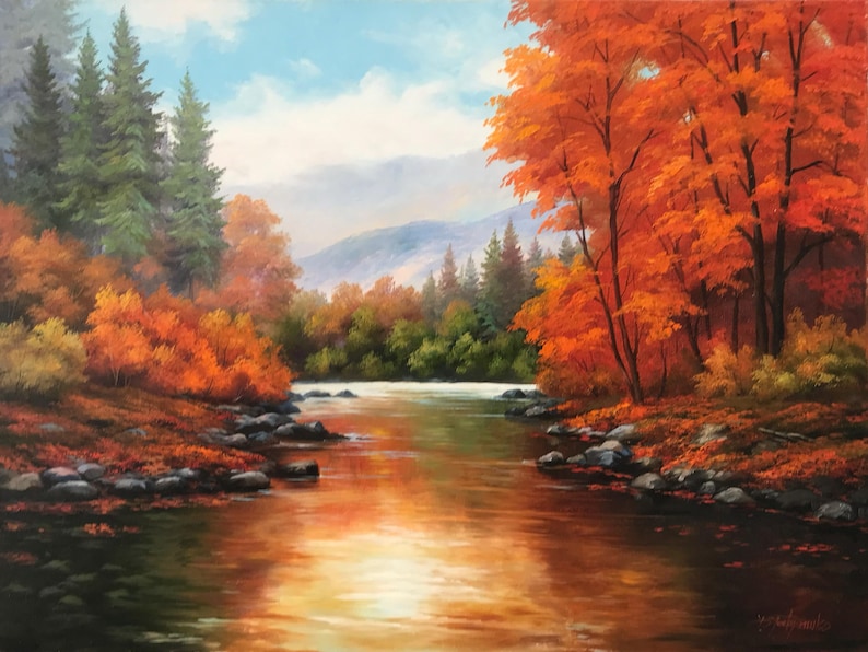 Autumnal Landscape Oil Painting, Fall Forest Panorama Wall Art - Scenic ...