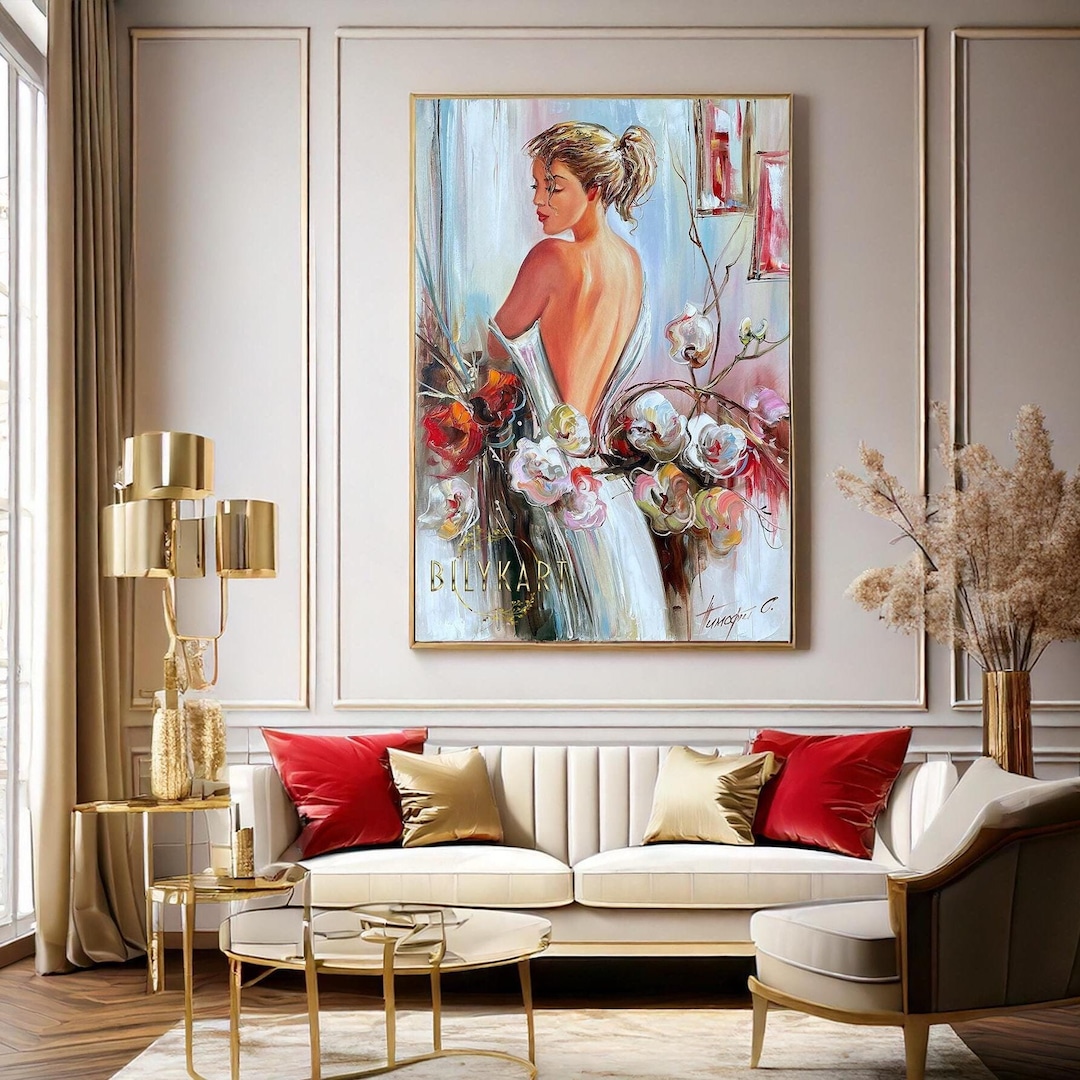 Elegant Woman Painting Original Girl Looking at Flower Art Woman Back ...