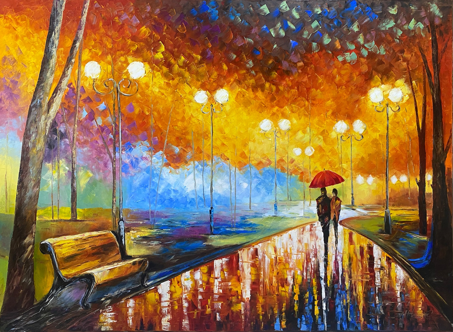 Couple Walking in Park Oil Painting Original Autumn Landscape Painting ...