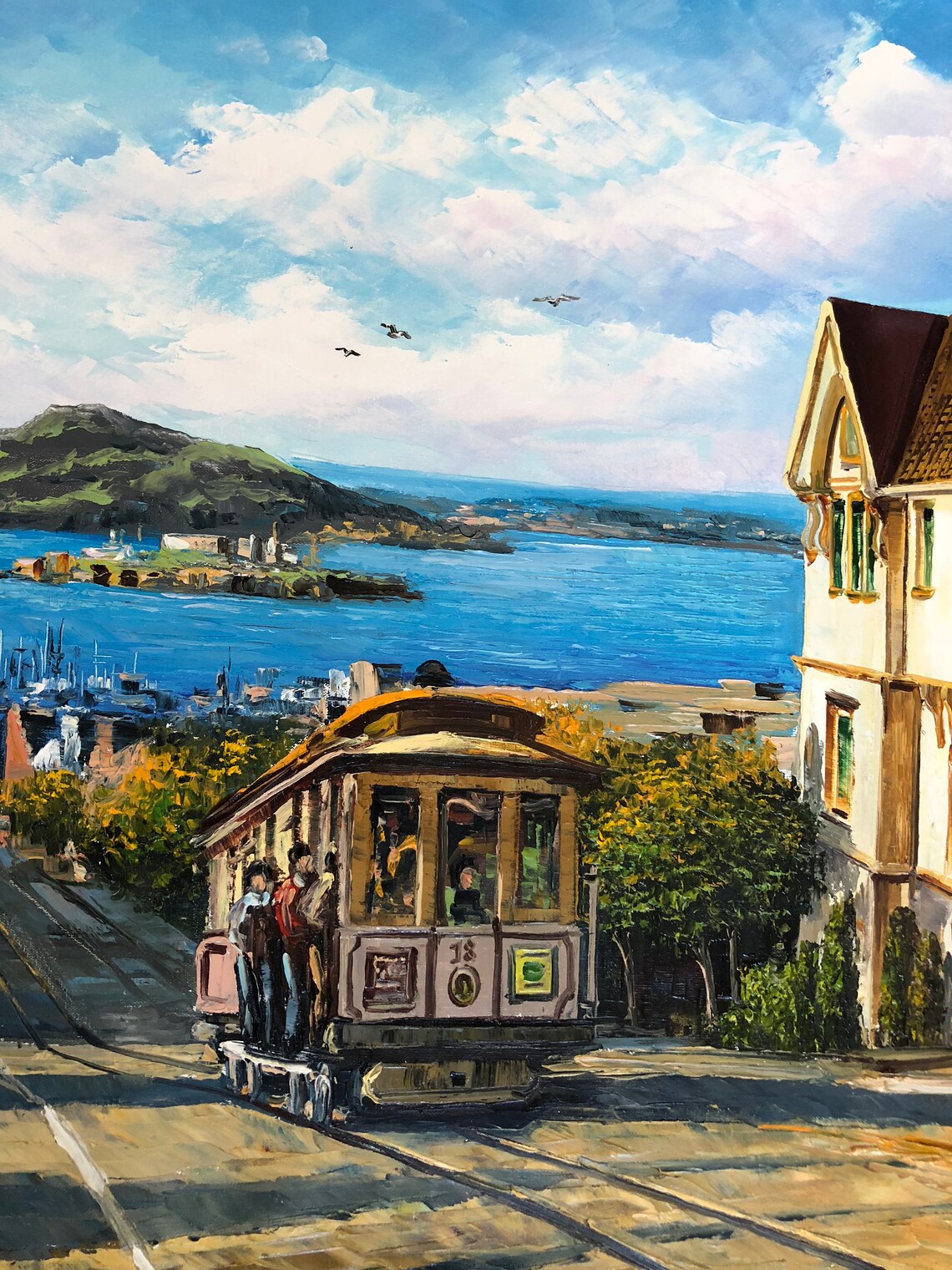 San Francisco Cable Car Painting, Alcatraz View, Original Oil Art - Etsy