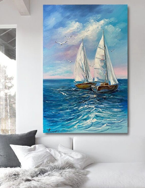 Original Sailboats Sea Oil Painting on Canvas Blue Ocean | Etsy